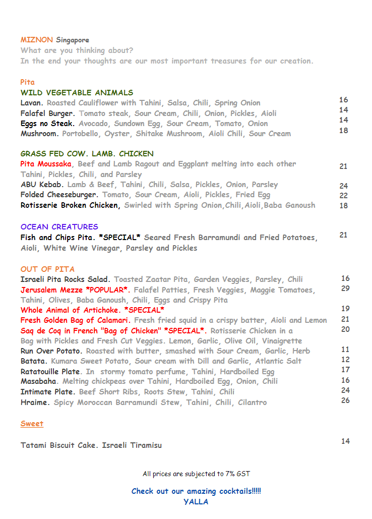 Miznon Singapore Menu With Prices Updated 2023